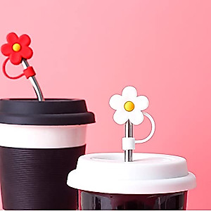 Beyonday Cute Silicone Straw Plug, Reusable Cartoon Pattern Plugs Cover, Drinking Dust Cap, Splash Proof Straw Tips, Cup Straw Accessories (White Flowers)