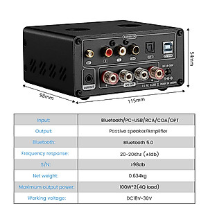 AIYIMA T9 100W*2 Bluetooth Stereo Amplifier Class D Amp 2.0/2.1 Channel Tube Power Amp with PC-USB DAC Coaxial Optical inputs &VU Meter & Bass Treble Tone Control for Home Stereo Speakers