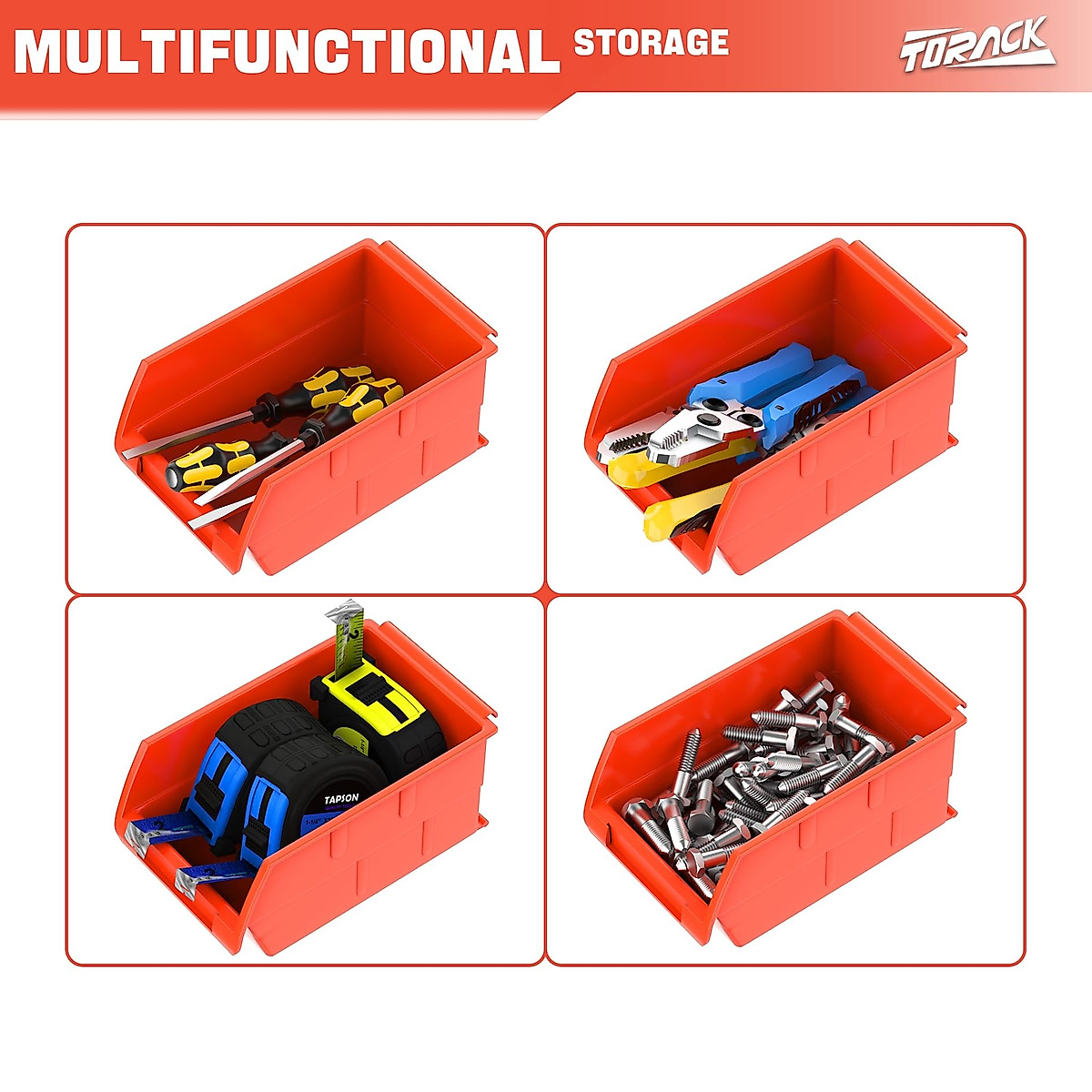 TORACK Wall-Mounted Storage Bins - 8 Plastic Bins & 2 Metal Tracks for Tools Organization in Garage, Craft Room, and Shop(Orange)