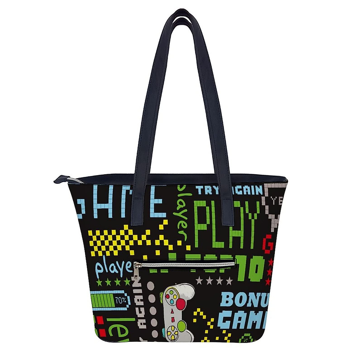 Pixel Words Game Style Women's Tote Bag PU Leather Shoulder Bag Handbags Purse For Work Shopping Travel