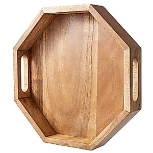 MyGift 12 Inch Acacia Wood Rustic Serving Tray, Decorative Octagon Shaped Coffee Table Farmhouse Tray with Cutout Handles - Made in India