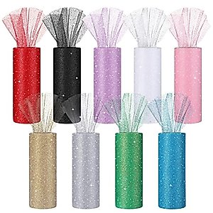Pinkunn Glitter Tulle Roll 6 Inch 10 Yards (30ft) Tulle Ribbon Sequin Tulle Netting Fabric Ribbon Mesh Spool Glitter Tulle for DIY Tutu Skirt Baby Sewing Wedding Party Shower Decoration, 9 Color