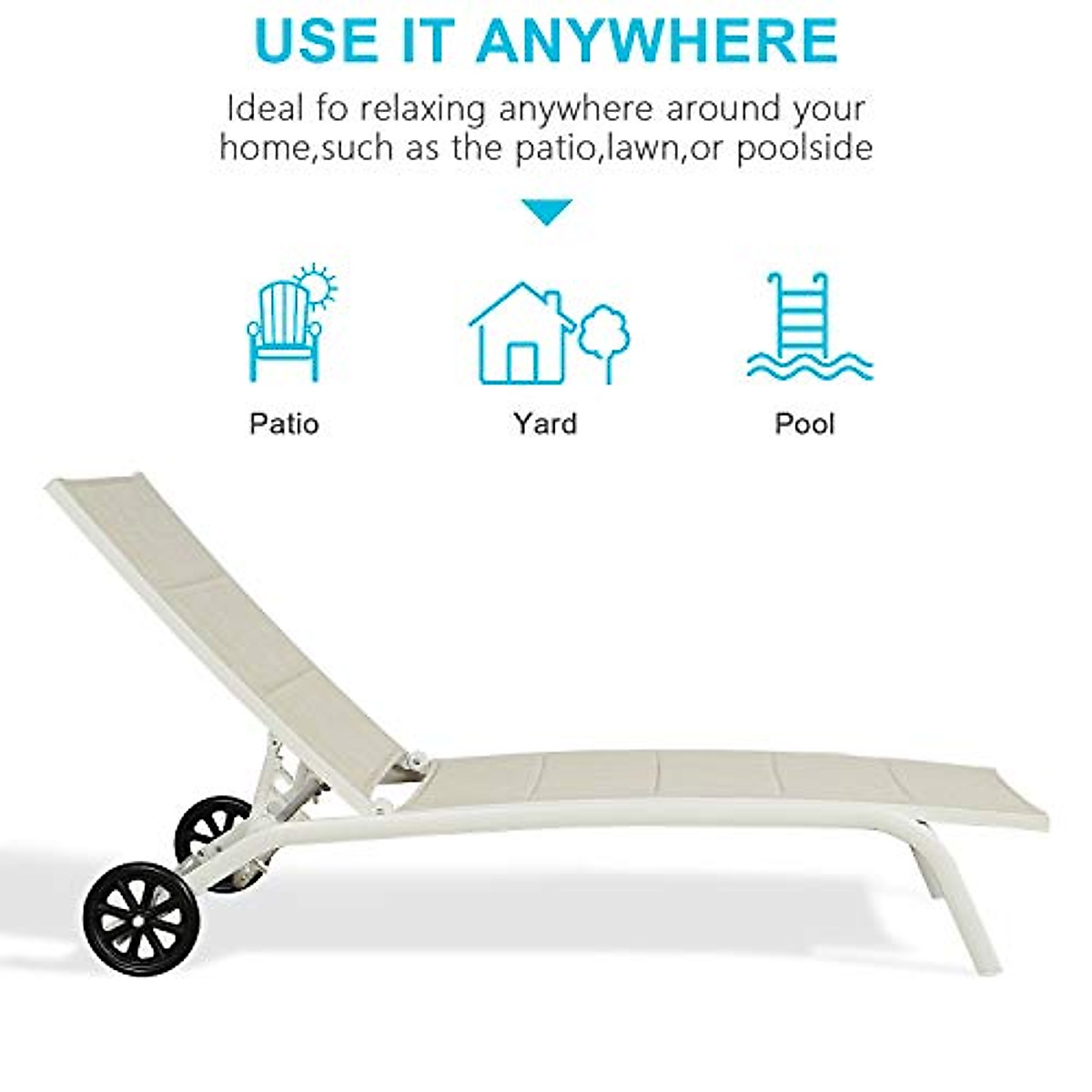 Ulax Furniture Outdoor Chaise Lounge Adjustable Padded Patio Reclining Chaise Lounger Chair with Non-Rust Aluminum Frame and Wheels, Set of 2 (Beige)