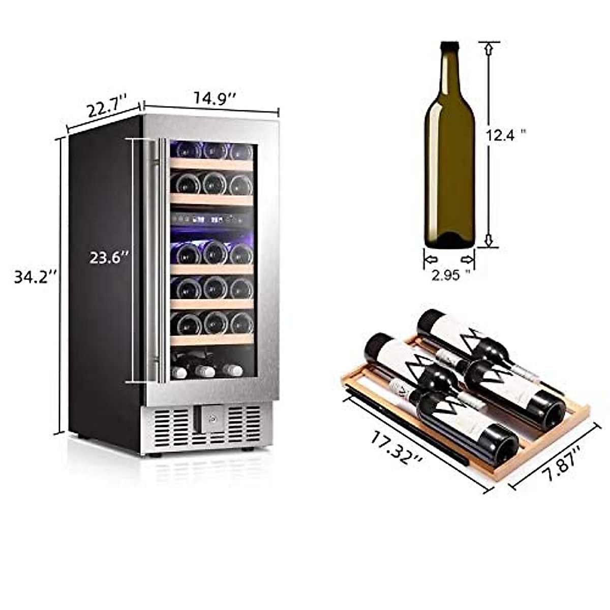 Joy Pebble Wine Cooler 28 Bottle Dual Zone Built-in Wine Cellar with Stainless Steel & Double-Layer Tempered Glass Door and Temperature Memory Function