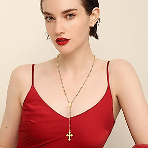 Juvux Cross Necklace Rosary Beads Catholic, Christian Gifts Cross Necklace with Gift Box, Rosary Necklace, Y Necklace Chain for Women Men -20 Inch (Gold)