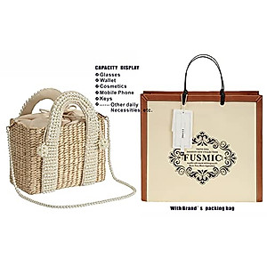 FUSMIC Women's Handbag Straw Handmade Artificial Pearl Rattan Weave Tote Shoulder Bag Beige