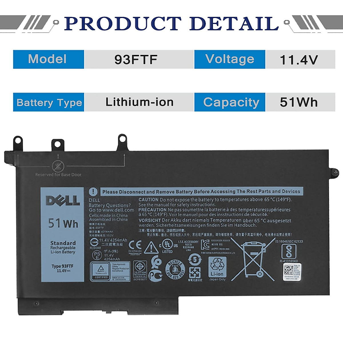 DELL 93FTF Laptop Battery Compatible with DELL Latitude 5280 5480 5580 5590 5490 5288 5290 5488 E5280 E5480 E5580 E5490 E5590 E5290 Precision 15 3520 3530