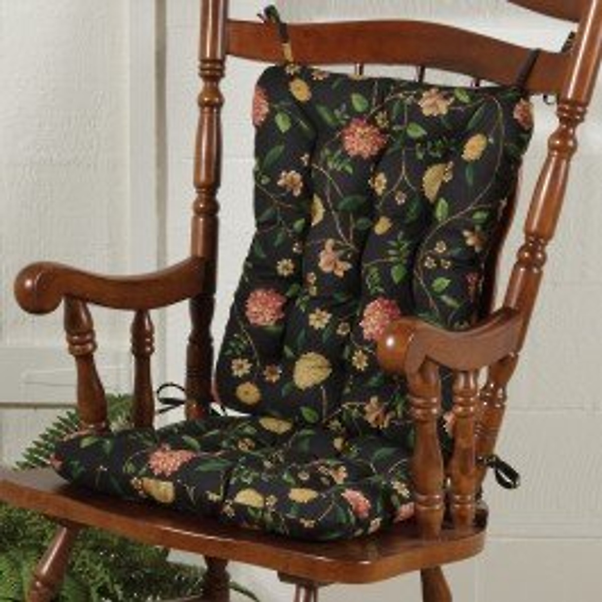 Barnett Home Decor Rocking Chair Cushion Set - Nassau Vine Onyx Black Floral - Size Extra-Large - Machine Washable, Latex Foam Filled Seat Pad and Back Rest, Reversible - Made in USA (Onyx Black, XL)