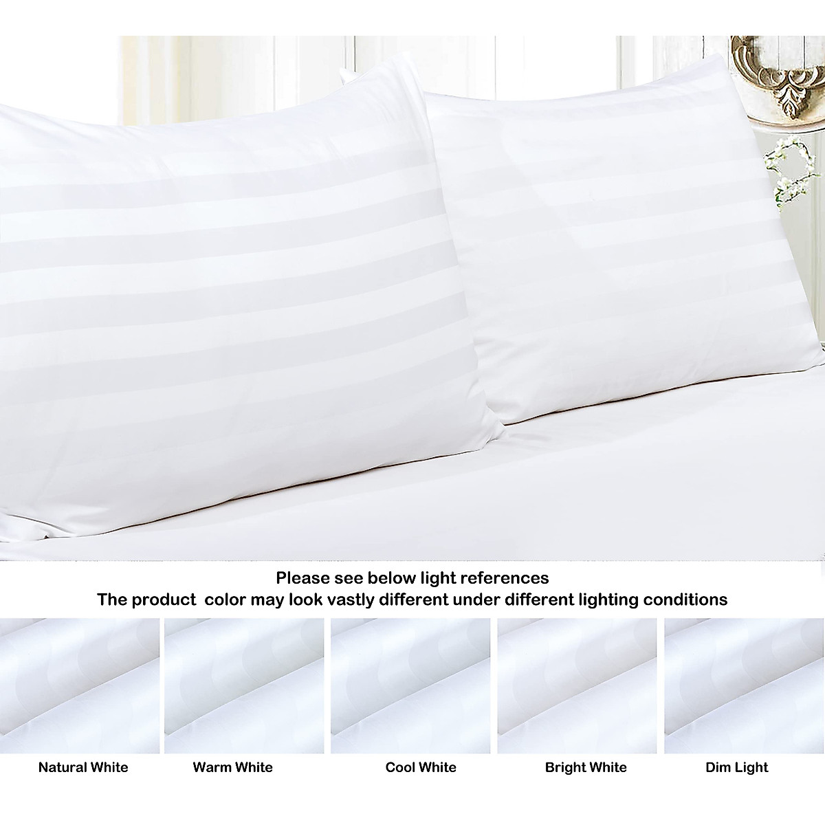 100% Egyptian Cotton Standard Pillow Protectors Set of 2, 400 Thread Count Sateen Weave Cooling Pillowcase, Easy Care Zippered Style Pillow Covers (Stripe-White, Standard)