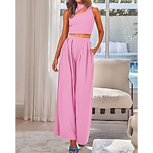 BTFBM Women 2 Piece Outfits 2024 Spring Summer Tracksuits Mock Neck Sleeveless Cutout Crop Top Wide Leg Pants Sweatsuits(Solid Pink, Large)