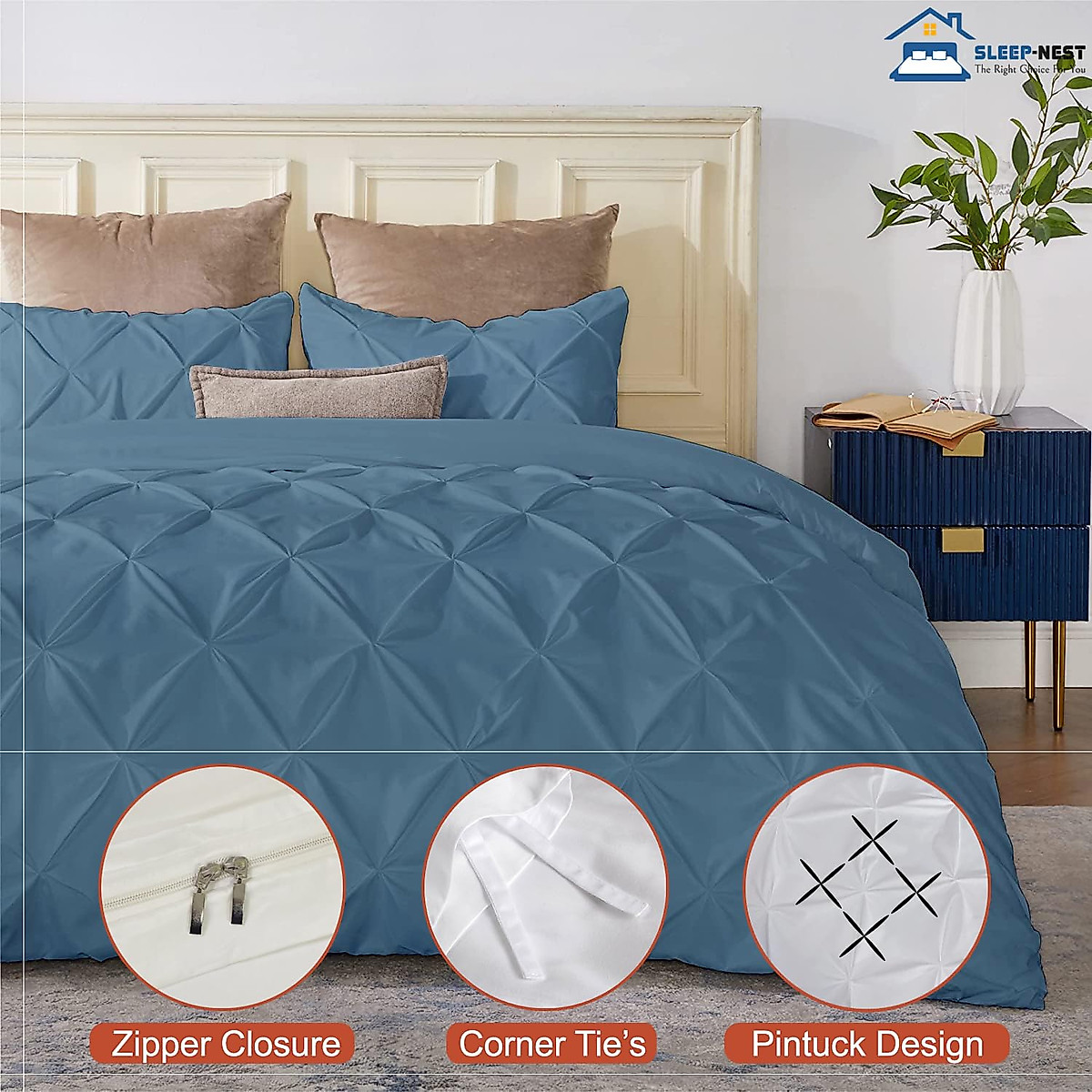 SLEEP-NEST Super King Duvet Cover Set 120x120 Inch 3 Piece 100% Egyptian Cotton with Zipper Closure 800TC All Season Breathable 10x10ft Extra Large Cover, Oversized King Plus, Medium Blue