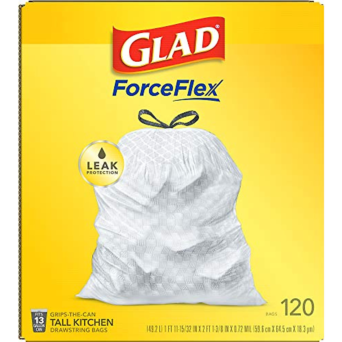 GLAD ForceFlex Tall Drawstring Trash Bags, 13 Gallon White Trash Bags for Tall Kitchen Trash Can, Unscented Leak Protection Bags, 120 Count - Packaging May Vary