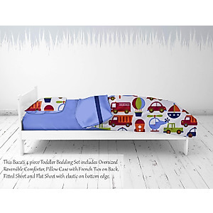 Bacati - Transportation Blue 4 Piece Boys Toddler Bedding Set 100 Percent Cotton Includes Reversible Comforter, Fitted Sheet, Top Sheet, and Pillow Case for Boys