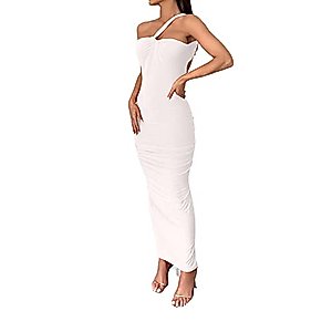 Vrtige Women's Sexy One Shoulder Backless Ruched Sleeveless Cocktail Bodycon Maxi Dress White Medium