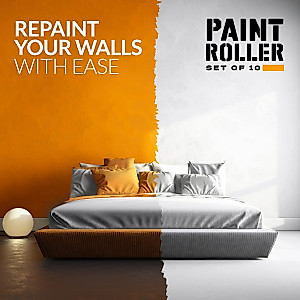 Raulde Paint Roller Kit of 10 Pcs - Includes a Paint Tray, Brush, Large and Mini Rollers & Sleeves, Paint Repellent Masking Tape, Paint Mixer - Roller Set for Painting Walls