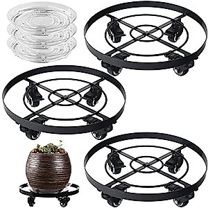 3 Packs Large Metal Plant Caddy 12.6” Plant Dolly with Wheels Heavy-Duty Wrought Iron Rolling Plant Stand with Casters for Indoor and Outdoor Plant Pot Rollers Black, 12" Clear Plant Saucers Included