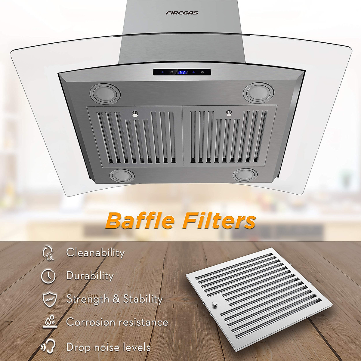 FIREGAS Island Range Hood 30 inch 450 CFM with Chimney, Ceiling Mount Kitchen Vent Hood with Tempered Glass, 4 LED Lights, Permanent Filters, Premium Touch Control Panel, Includes Charcoal Filter
