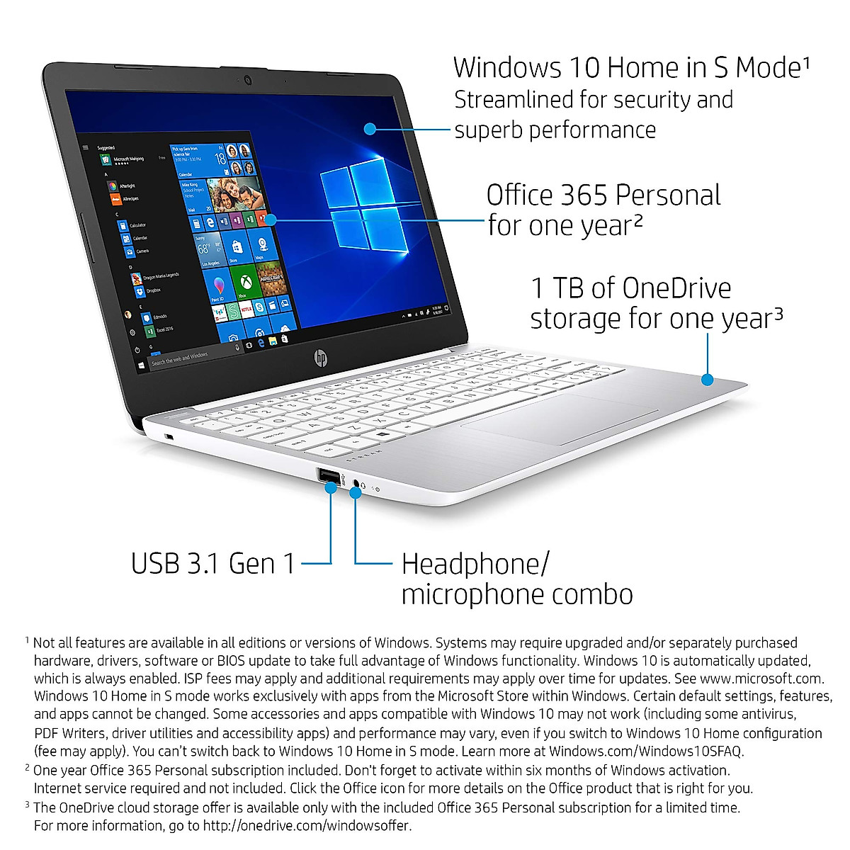 HP Stream 11-Inch Laptop, Intel X5-E8000 Processor, 4 GB RAM, 32 GB eMMC, Windows 10 Home in S Mode with Office 365 Personal and 1 TB Onedrive Storage for One Year (11-ak1020nr, Diamond White)