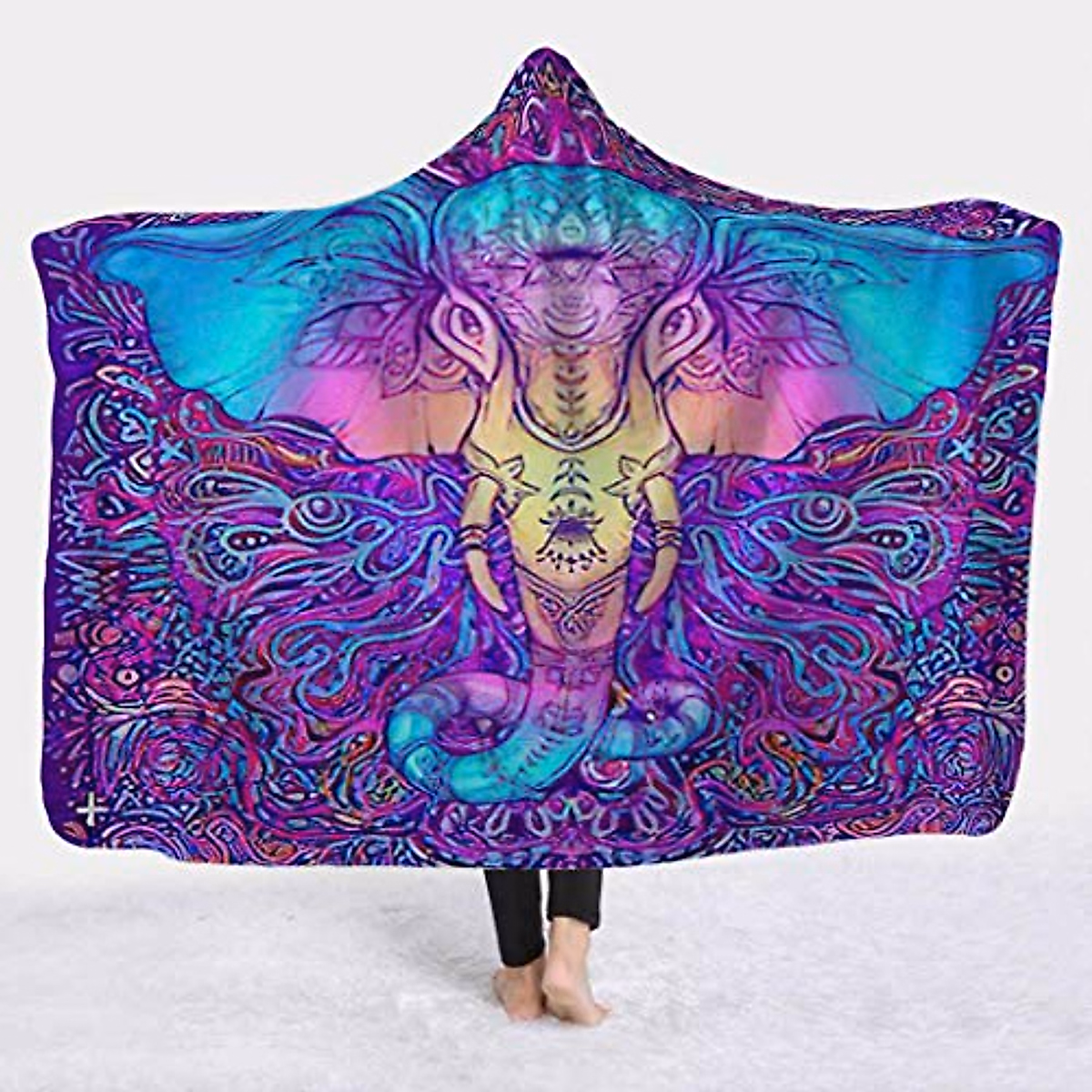 Atomack Trippy Elephant Wearable Hooded Blankets, Tribal Psychedelic Paisley Colorful Ethnic Boho Mandala Yoga Comfy Blanket Hoodie for Adults Kids Sherpa Fleece Throw Poncho Cloak, 50x60 Inch
