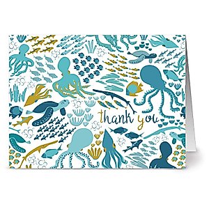 Note Card Cafe Thank You Cards with Aqua Blue Ocean Envelopes | 24 Pack | Under The Sea Thank You Design | Black Inside, Glossy Finish | Kids, Greeting, Appreciation, Occasions, Birthdays, Gifts