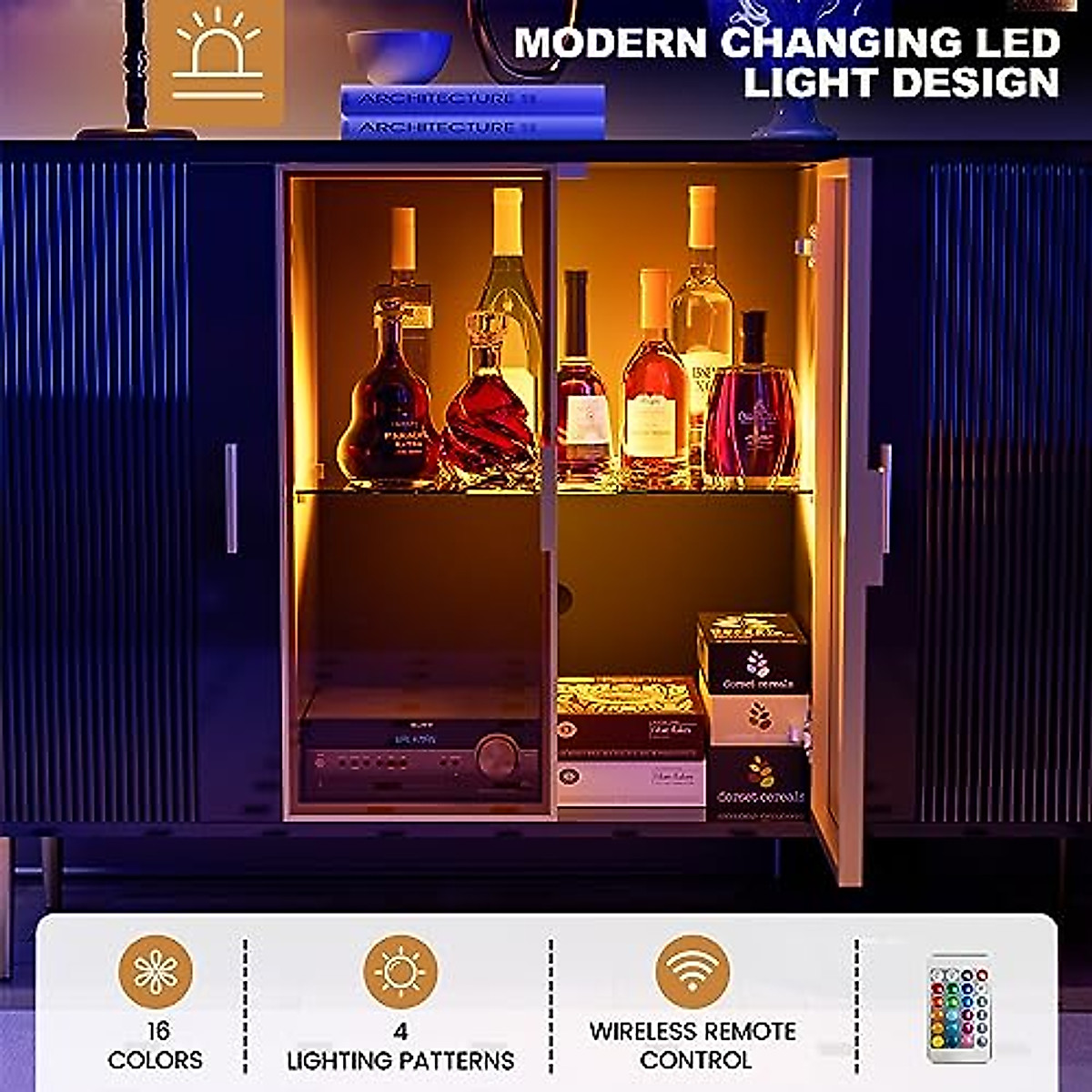 IKIFLY Modern Sideboard Buffet Cabinet with Storage, 47" Kitchen Storage Cabinets with Glass Doors and Shelves, LED Lights, Coffee Bar Cabinet for Dining Room, Kitchen, Hallway, Living Room, HU9156