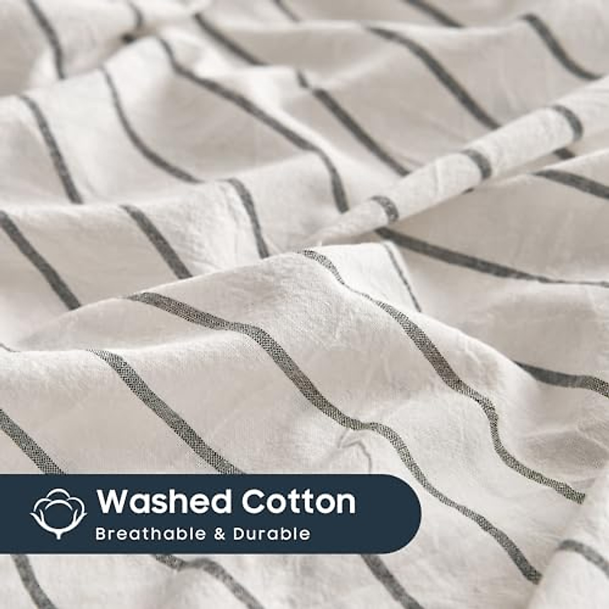 Wake In Cloud - Striped Cotton Duvet Cover Set, Ticking Stripe Vertical Pinstripe Farmhouse, 100% Washed Cotton Textured Percale Bedding Set, 3 Pieces, White, King Size