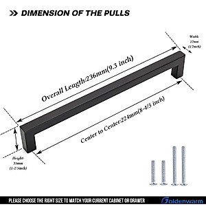Goldenwarm 10 Pack Black Square Bar Cabinet Pull Drawer Handle Stainless Steel Modern Hardware for Kitchen and Bathroom Cabinets Cupboard,Center to Center 8-4/5in(224mm)