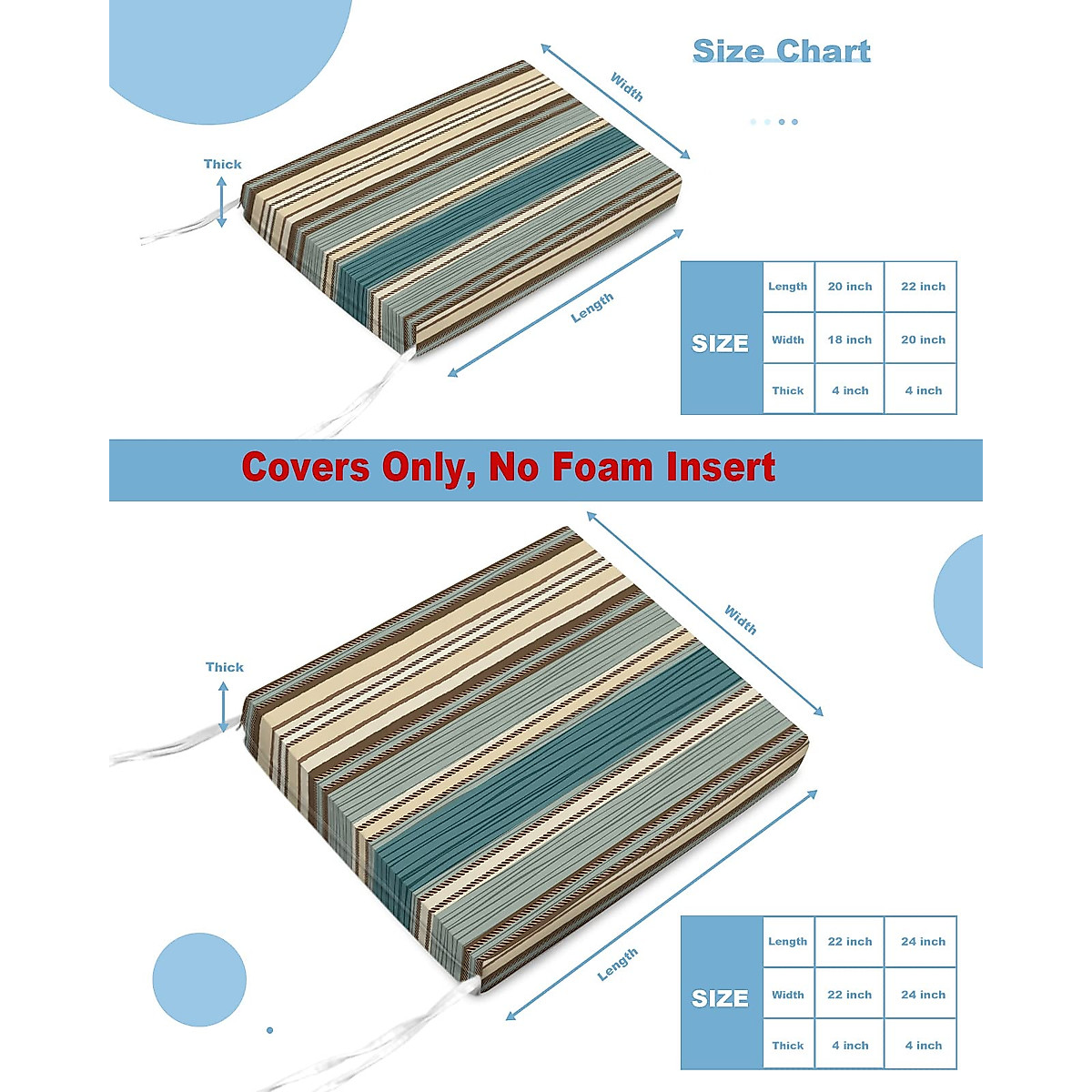 4 Pack Boho Teal Waterproof Cushion Covers with Ties, Southwestern Native Blue Green Striped Outdoor Patio Chair Seat Cushion Slip Covers Replacement Antique Pattern Tribal 20''x18''x4''