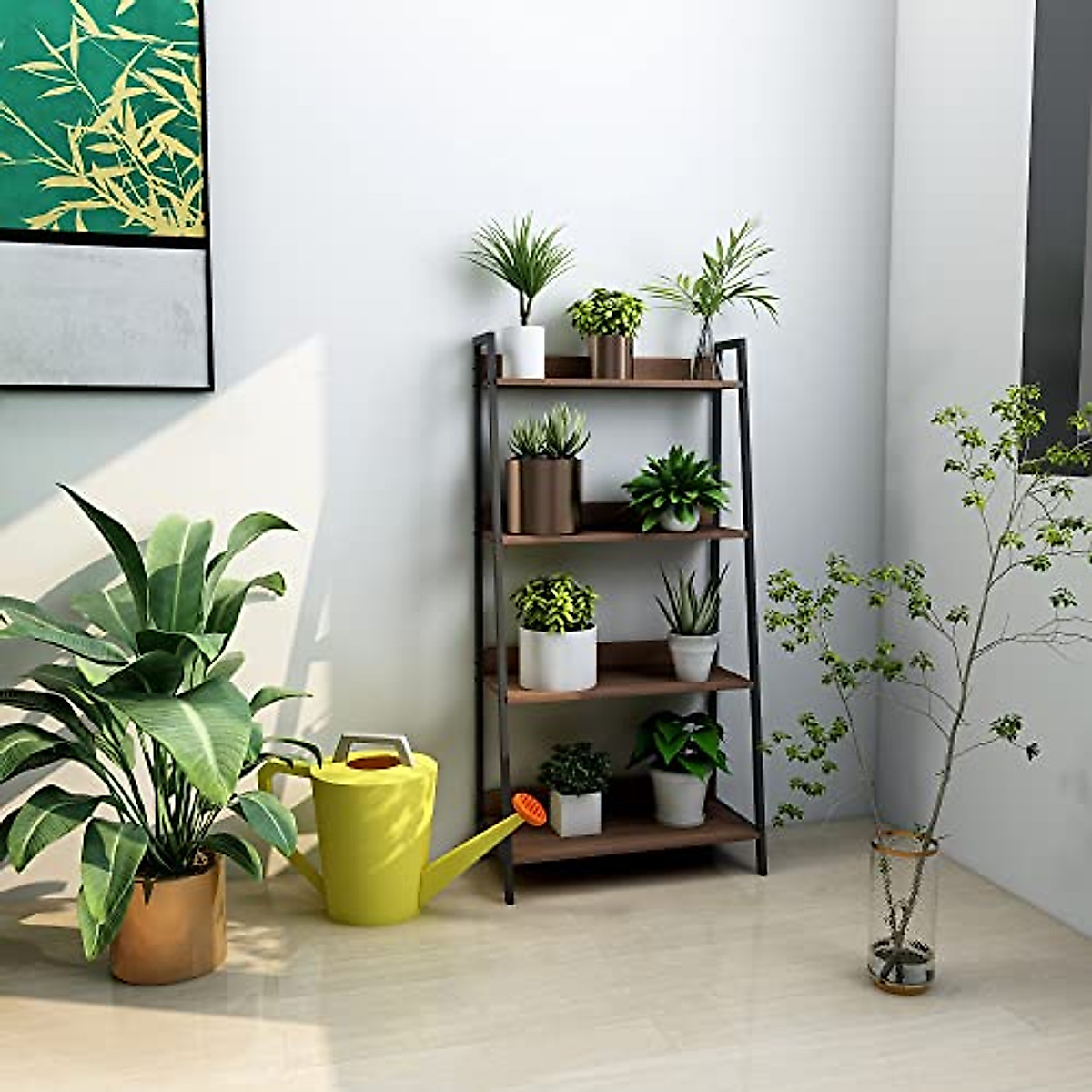 DEILALY 4 Tier Bookshelf Bookcase Ladder Shelf Plant Flower Stand Corner Shelf Storage Rack Storage Organizer Wall Shelves Cabinet Big Capacity for Kitchen Living Room Office Balcony Frame Brown