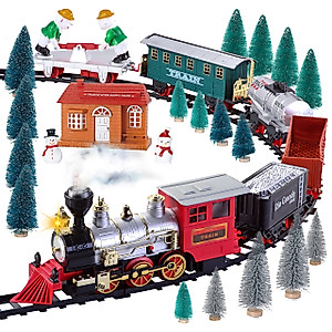 Christmas Toy Train Set, Electric Train Gift with Light, Music & Real Smoke, Travel Train Toys with steam Locomotive, Present for Boys and Girls