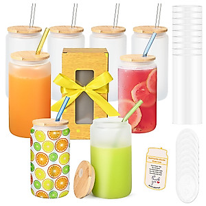 Sublimation Glass Blanks With Bamboo Lid, 16OZ Frosted Sublimation Beer Can Glass with Glass Straws Present Box Mason Jar Cups (8 PACK, Frosted)