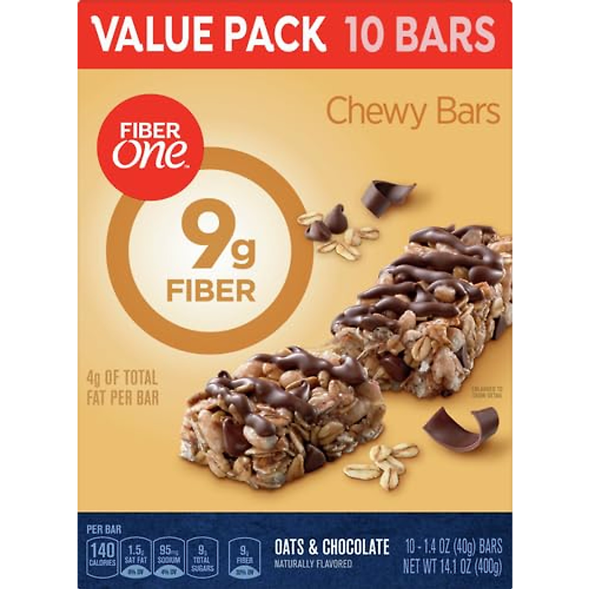 Fiber One Chewy Bars, Oats & Chocolate, Fiber Snacks, 14.1 oz, 10 ct