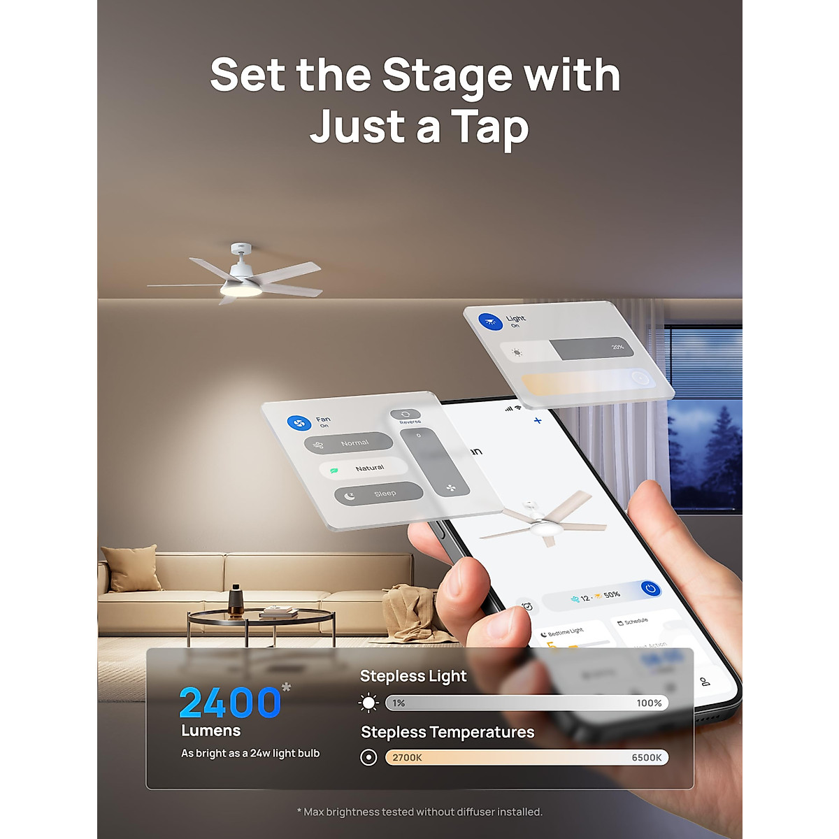 Dreo Smart Ceiling Fan with Lights, 52 Inch, 12 Speeds & 3 Fan Modes, Stepless Color Tones, Dimmable LED Light, 12H Timer, Quiet DC Motor, Remote/APP/Alexa Control, White Ceiling Fans Indoor