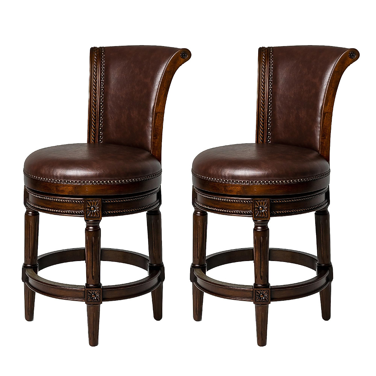 Maven Lane Pullman 26 Inch Tall Counter Height Upholstered Barstool with Back in Dark Walnut Finish with Vintage Brown Vegan Leather Seat, Set of 2
