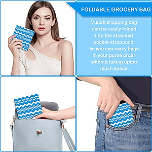 Vuudh 6 Packs Reusable Grocery Bags - Machine Washable Grocery Tote with Pouch, Foldable Shopping Tote Bag Nylon (Blue Waves)