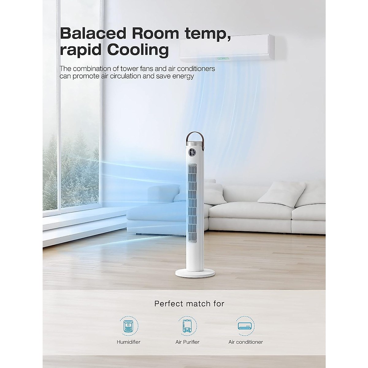 Simple Deluxe Tower Fan with Remote, 46 Inch Oscillating Fan, Bladeless Fans with 24H Timer, 3 Speeds, 3 Modes, LED Display, Cooling Standing Floor Fan for Bedroom Living Room Home Office