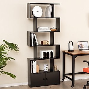 IFANNY 5 Shelf Bookcase, Geometric Bookshelf with Doors, Tall S Shaped Storage Shelves, Wooden Display Shelf with Cabinet, Modern Book Shelf for Bedroom, Living Room, Home Office (Black)