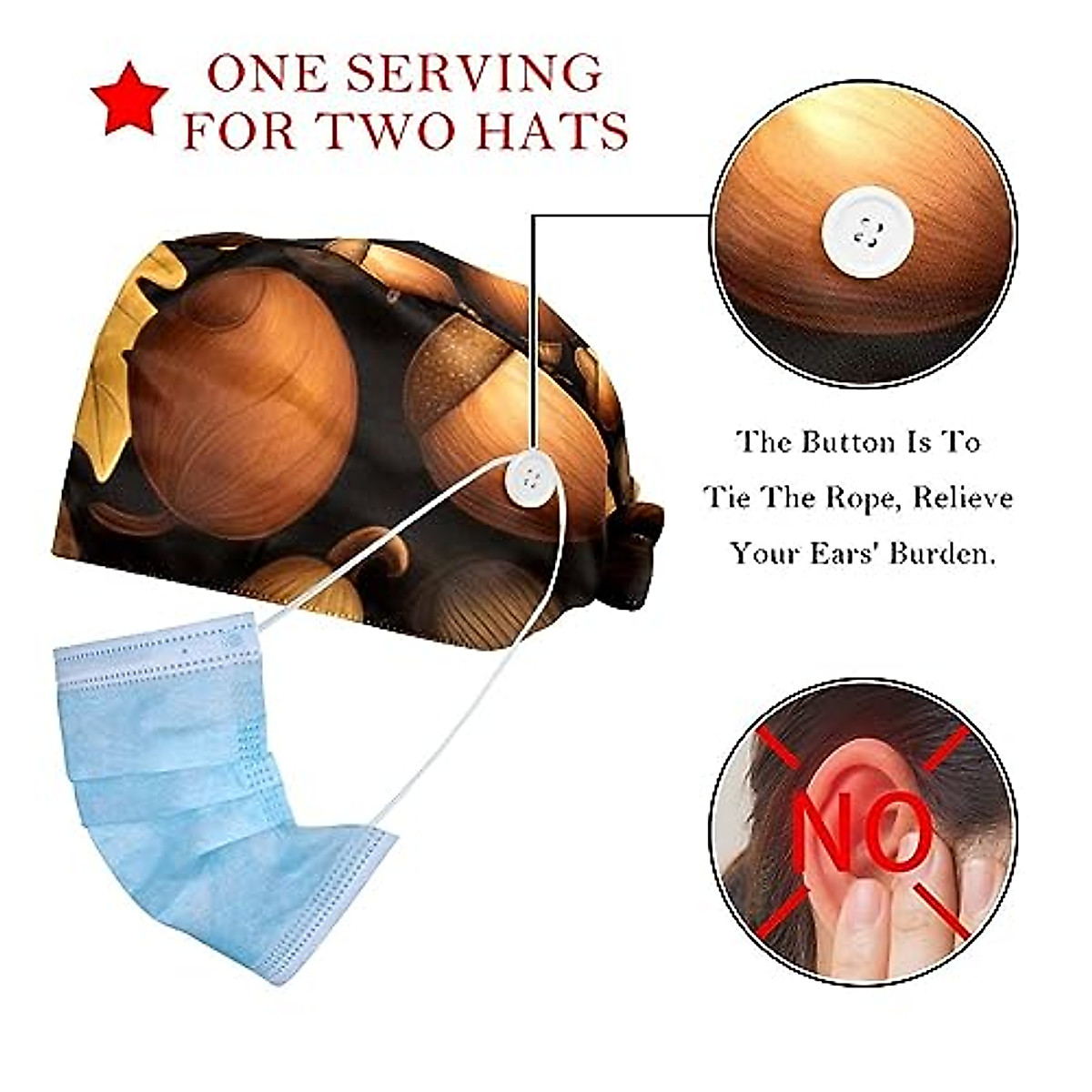 2Pcs Thanksgiving Acorn Nurses tie Back hat with Buttons,Sweatband Bouffant Hats,One Size