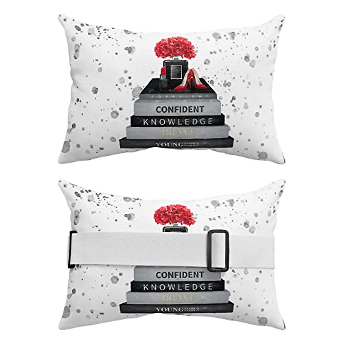 SEVENBABU Throw Pillows with Strap, Neck & Lumbar Support Pillow Oudoor Patio Pillows, High Heels Perfume and Flowers on Books Pillow for Recliner, Beach Chair, Office Chair, Sofa, Armchair