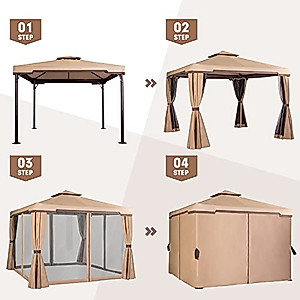 Crownland Outdoor Patio Garden Gazebo 10 x 10 FT, with Mosquito Netting and Double Square Tops, for Wedding Party Commercial Use Backyard Events