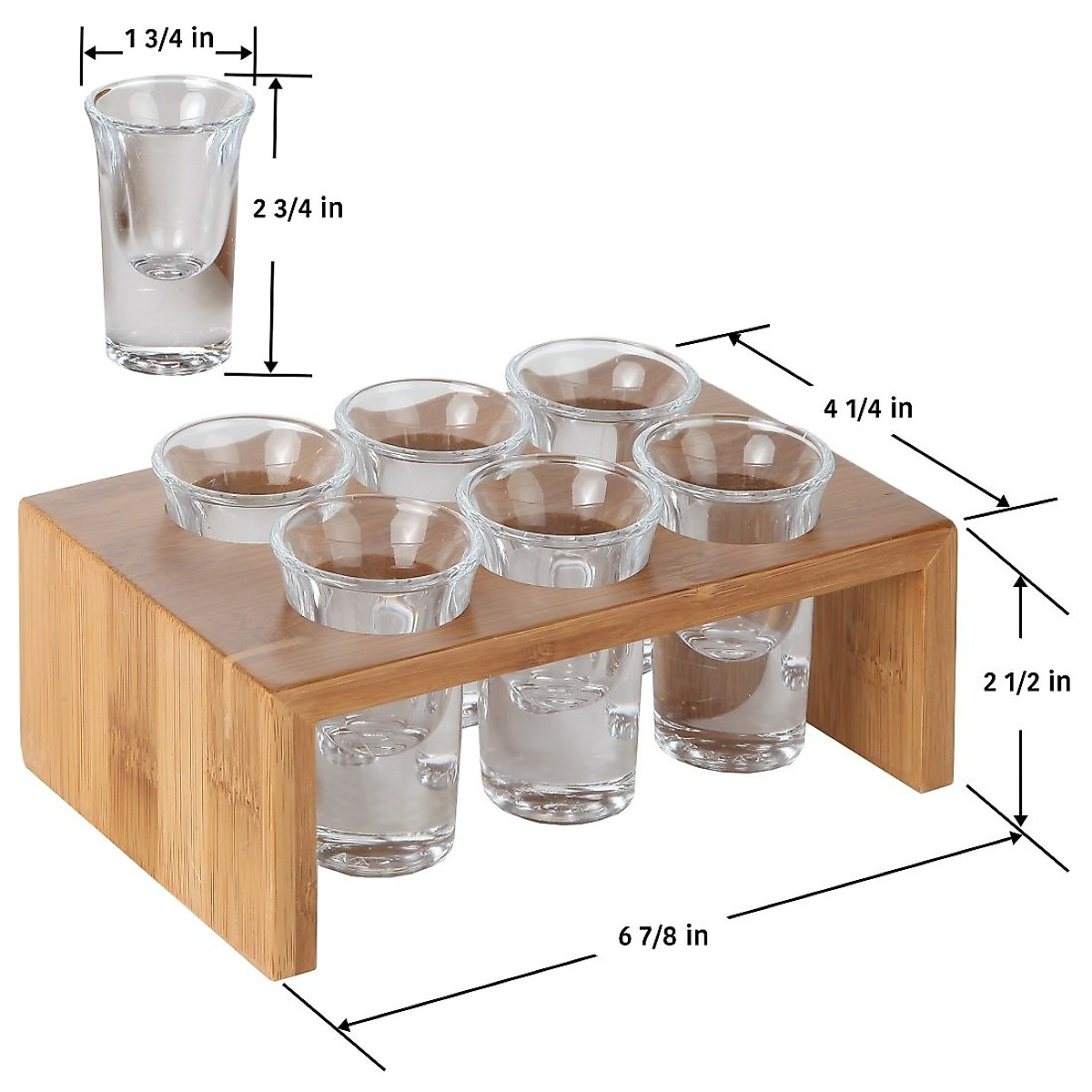 Lily's Home Bamboo Shot Glass Holder Set with 6 Crystal Clear Shot Glasses, Easy to Carry and Sophisticated to Display, Ideal for Liquor Shots at Parties (1 oz. Each Glass)