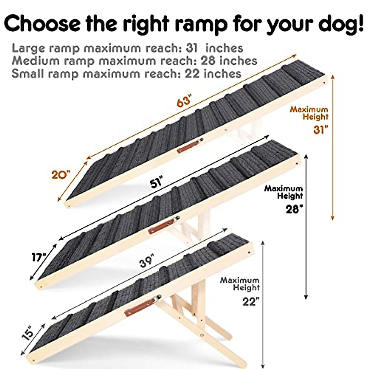 TOFUUMI Dog Ramp for Bed, Car Ramp, Folding Pet Ramp, Dog Stairs, Cat Ramp, Portable Dog Steps Suitable for Elevated Surface Between 15"-22" for Small and Medium Dogs (39 inches)