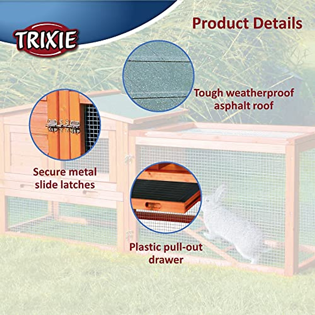 TRIXIE Natura Single Rabbit Hutch with Large Run, 2-Story with Ramp, Hinged Peaked Roof, for Rabbits or Guinea Pigs, Natural, XS