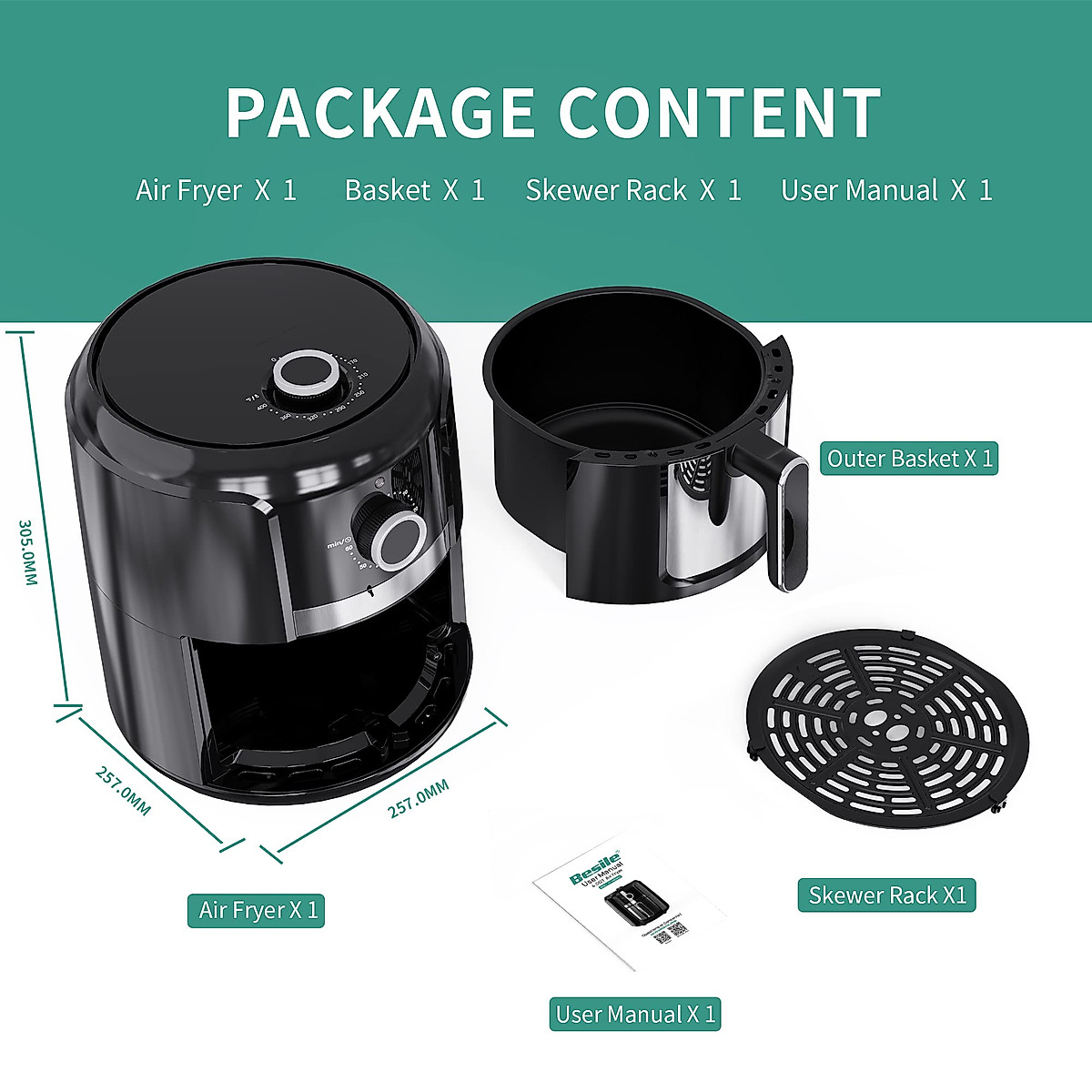 Besile 4.0QT Air Fryer Oilless Cooker with Temperature and Time Control, 75 Recipes Auto Shut Off Feature, 1-Year Warranty, 1300W (Black)