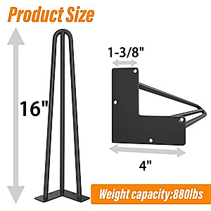 WINSOON 16 Inch Hairpin Legs Thicker 3-Solid Rods 1/2'' in diameter,880lbs Load Capacity, Set of 4 Metal Hairpin Table Legs DIY Projects for Coffee Table Legs, End Table,Desk,Dining,Bench,Night Stands