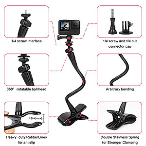 Flexible Jaws Clamp Mount for GoPro Webcam Stand Holder Desk Table Clip with 1/4” Screw Thread 360° Ball Head Compatible with Logitech Webcam/DJI Action Cameras