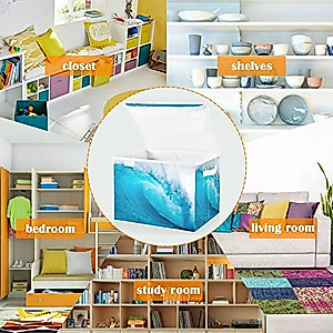 CaTaKu Blue Ocean Wave Storage Bins with Lids and Handles, Fabric Large Storage Container Cube Basket with Lid Decorative Storage Boxes for Organizing Clothes