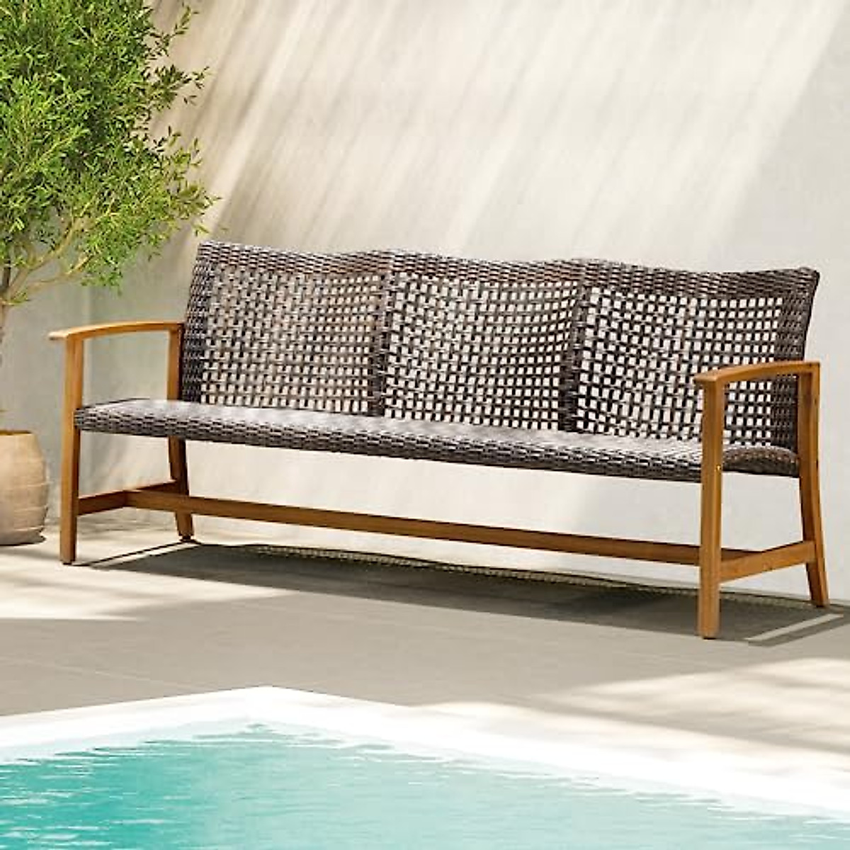 IDZO 1000lbs Capacity, FSC Certified 3 Seater Patio Couch with Upgraded 2000Hours UV Resistant Wicker, Teak Finish Furniture Set, Trinite Acacia Outdoor Sofa_Brown