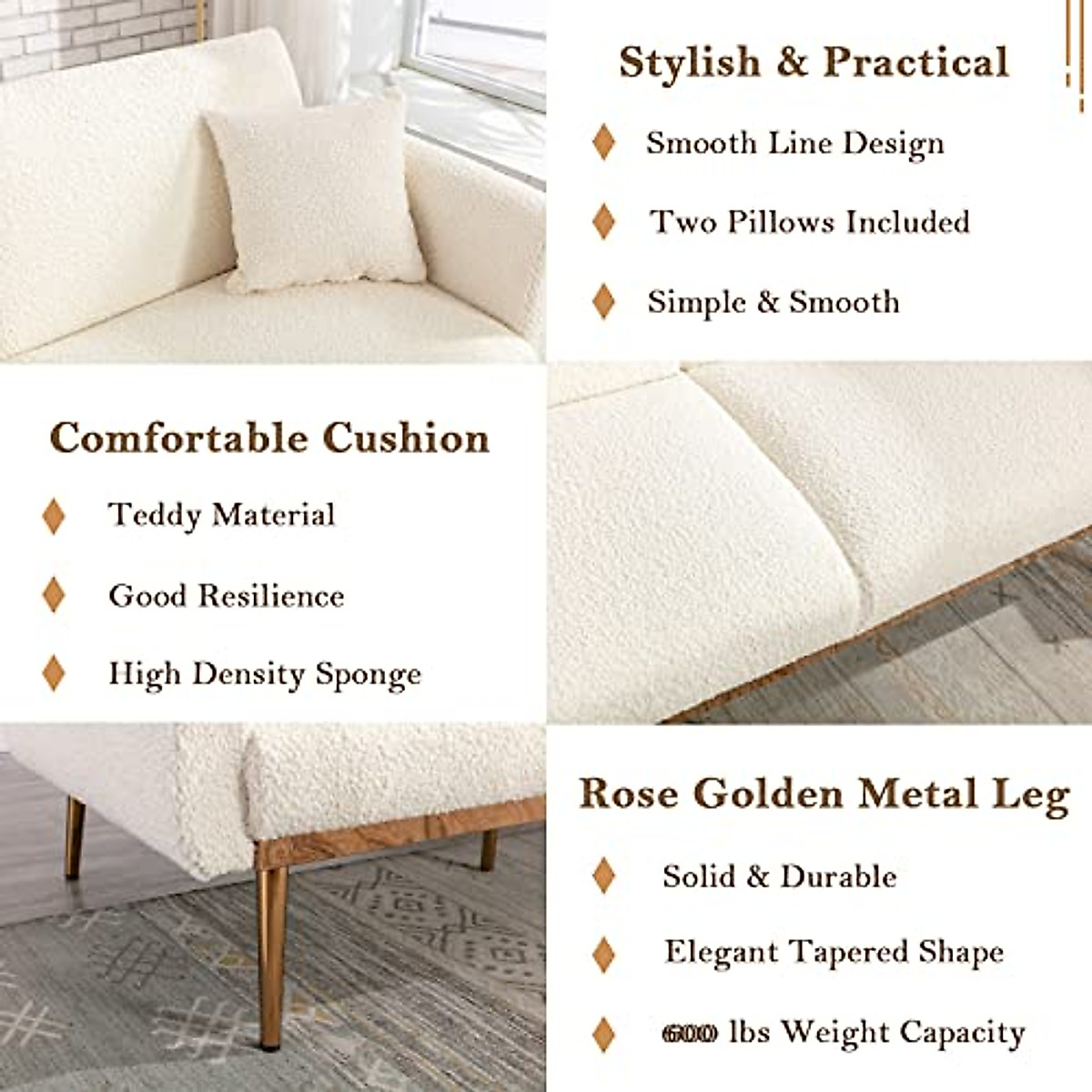 Antetek Futon Sofa Bed with 3 Adjustable Positions, Small Sleeper Sofa Loveseat with 2 Decorative Pillows, Modern Upholstered Convertible Couch with 5 Metal Tapered Legs, White Teddy