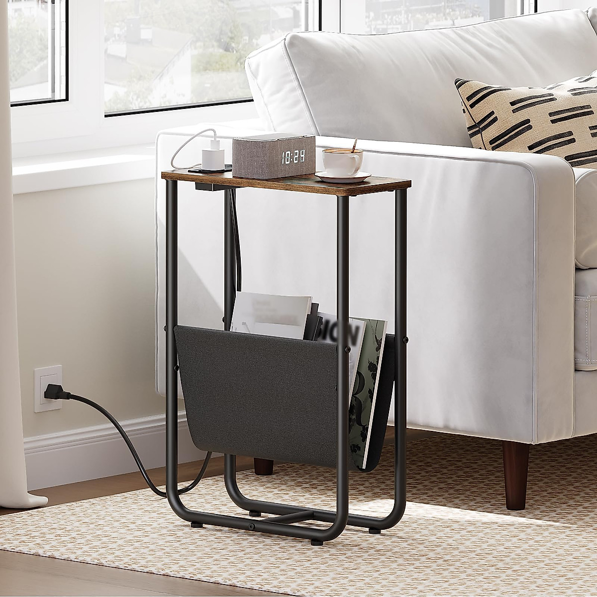 YATINEY Narrow End Table with Charging Station, Slim Side Table with Storage, Skinny End Table with Magazine Holder, Narrow End Table, Nightstand for Bedroom, Living Room, Rustic Brown ET05BR